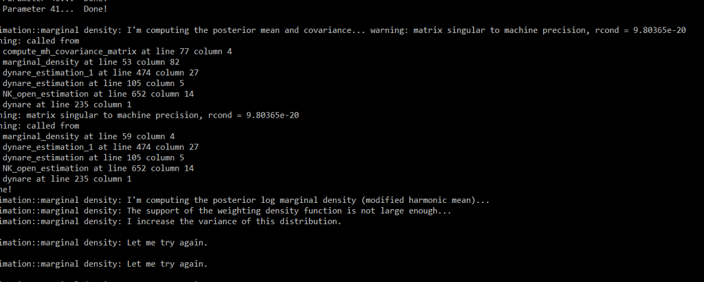 Warning: matrix singular to working precision new case - Dynare help (legacy posts) - Dynare Forum