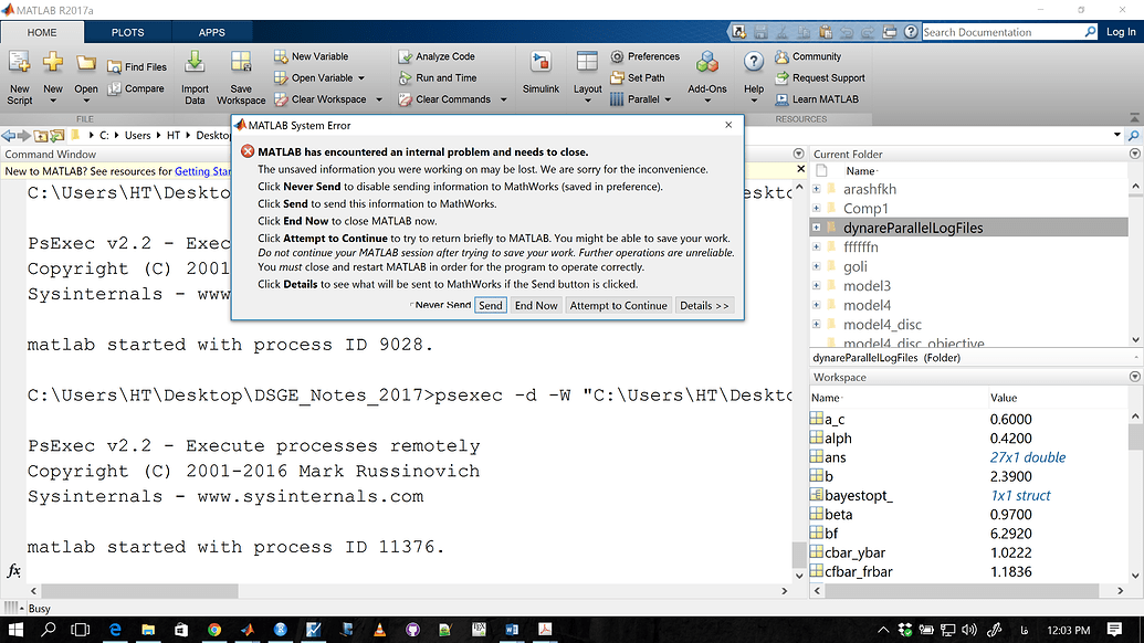Matlab Has Encountered An Internal Problem Ml Bayesian Estimation Dynare Forum