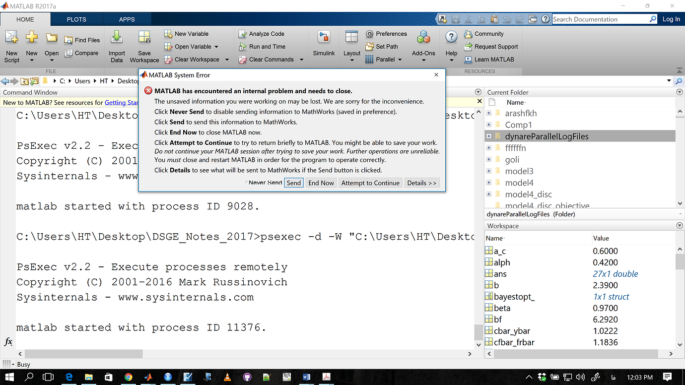Matlab has encountered an internal problem - ML/Bayesian estimation - Dynare Forum