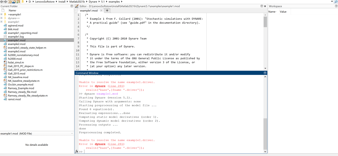Cannot run example1.mod in dynare, the example1.mod is one example of examples files of dynare 5 ...