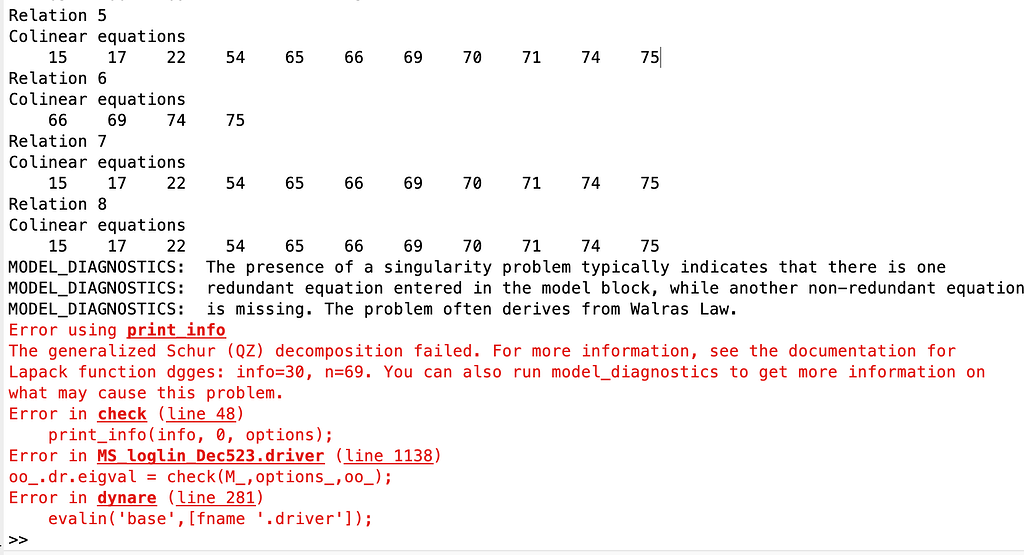 The generalized Schur (QZ) decomposition failed. For more information ...